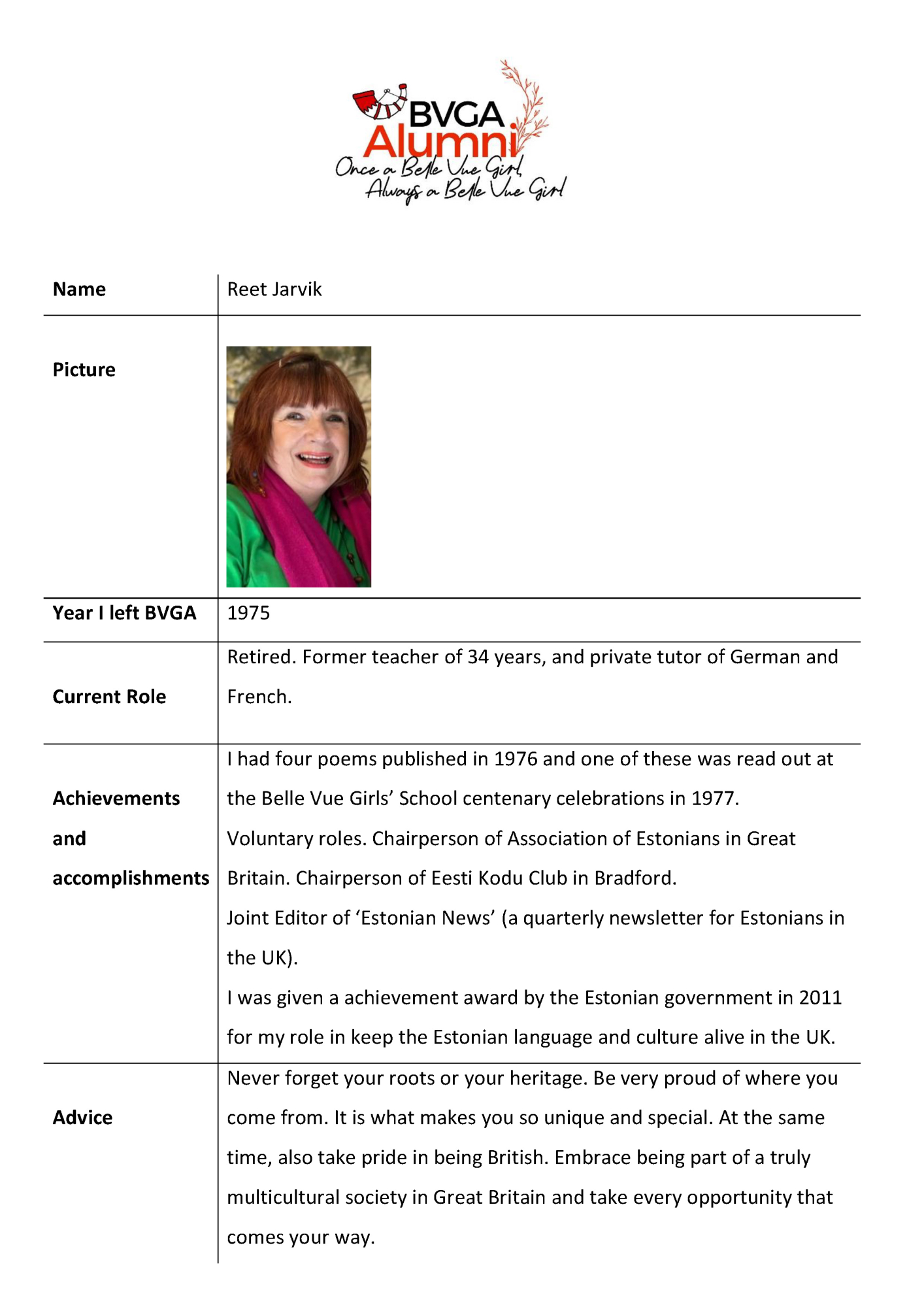 Reet Jarvik - Belle Vue Girls' Academy